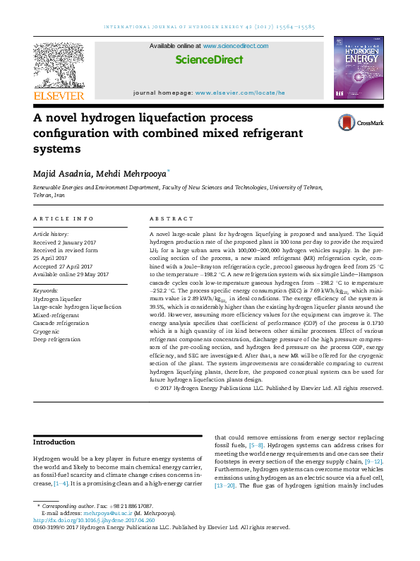 (PDF) A novel hydrogen liquefaction process configuration with combined ...