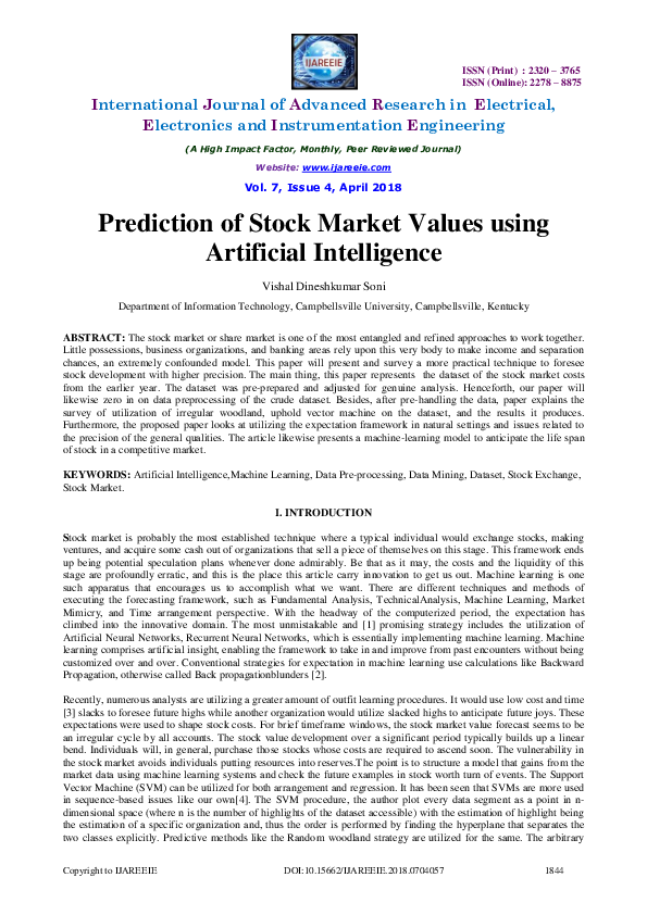 (PDF) Prediction of Stock Market Values using Artificial Intelligence