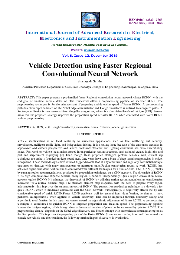 Pdf Vehicle Detection Using Faster Regional Convolutional Neural Network Shanagoda Sajitha