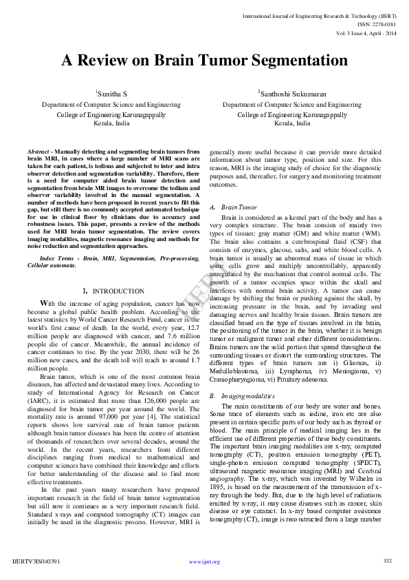 (PDF) IJERT-A Review on Brain Tumor Segmentation (PDF) IJERT-A Review on Brain Tumor Segmentation