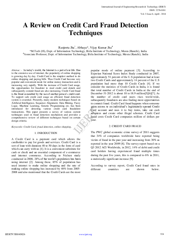 Pdf Ijert A Review On Credit Card Fraud Detection Techniques Ijert Journal 4928