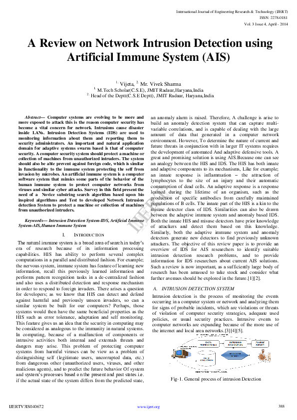 Pdf Ijert A Review On Network Intrusion Detection Using Artificial Immune System Ais Ijert