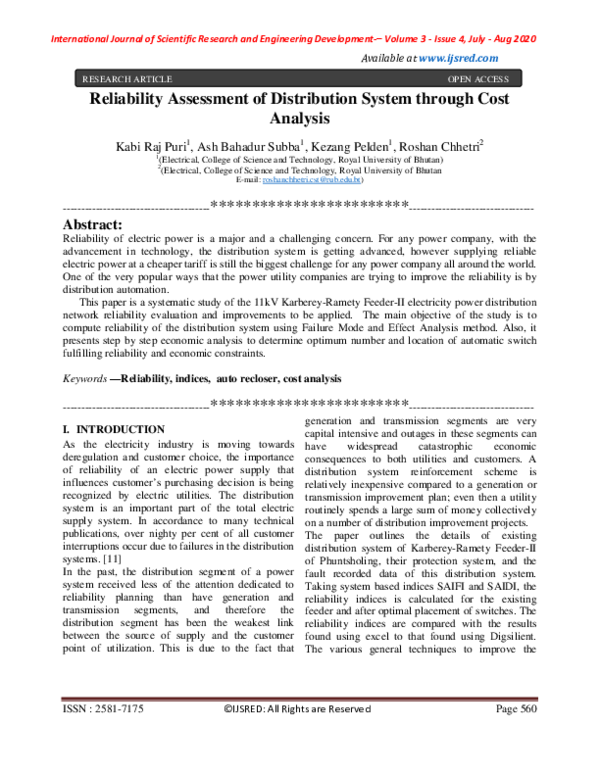 (PDF) Reliability Assessment of Distribution System through Cost Analysis