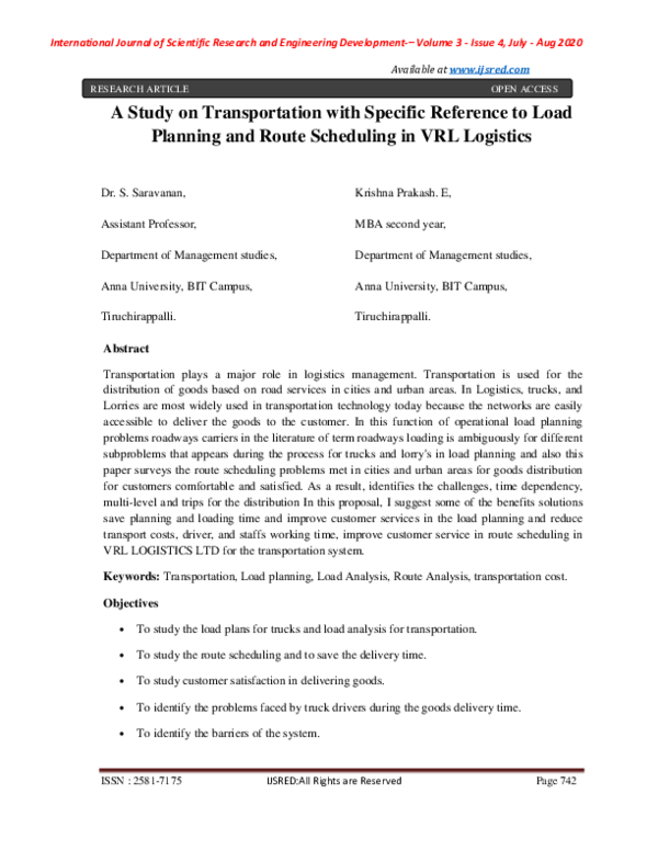 (PDF) A Study on Transportation with Specific Reference to Load ...