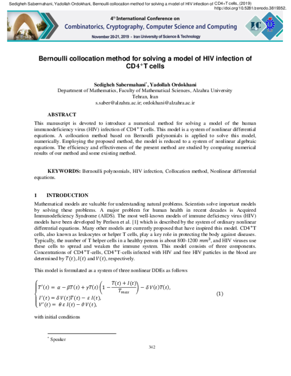Pdf Bernoulli Collocation Method For Solving A Model Of Hiv Infection