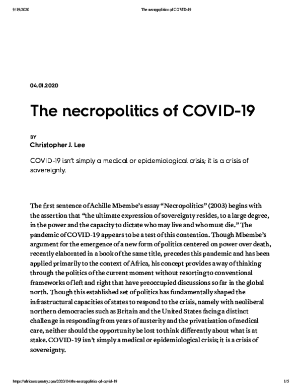 (PDF) The Necropolitics of COVID-19