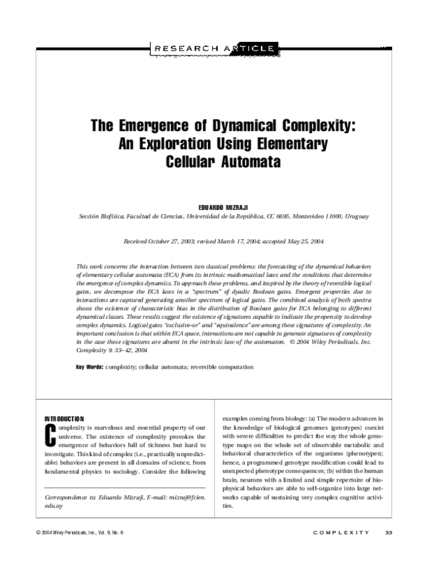 Pdf The Emergence Of Dynamical Complexity An Exploration Using Elementary Cellular Automata