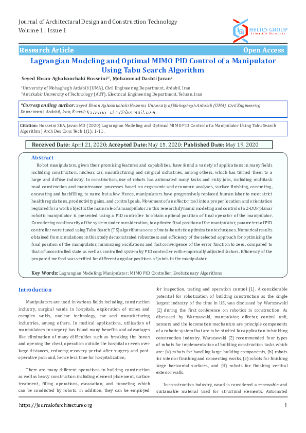 Pdf Lagrangian Modeling And Optimal Mimo Pid Control Of A Manipulator Using Tabu Search Algorithm