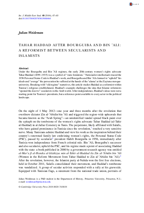 (PDF) TAHAR HADDAD AFTER BOURGUIBA AND BIN ALI: A REFORMIST BETWEEN SECULARISTS AND ISLAMISTS