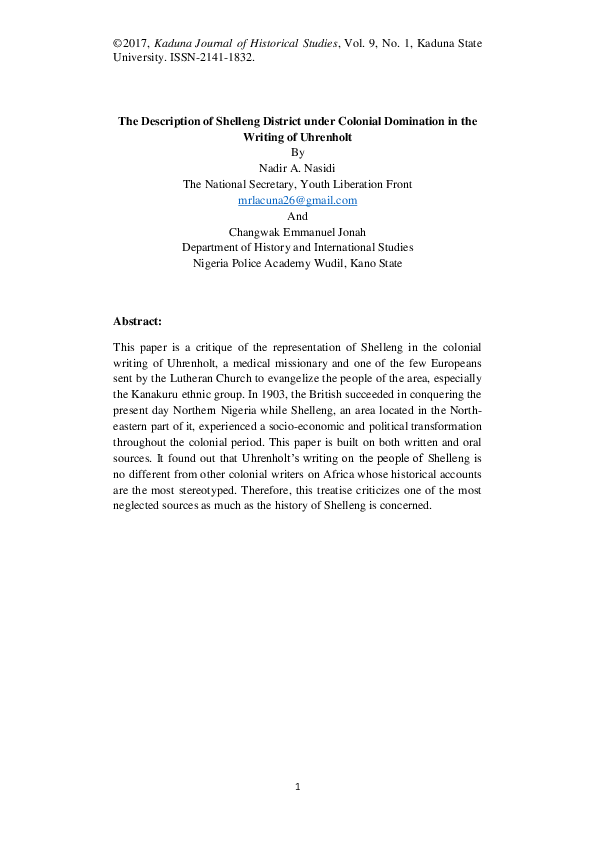 (PDF) The Description of Shelleng District under Colonial Domination in ...