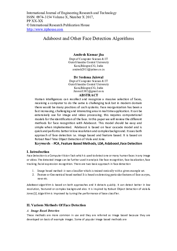 Pdf Adaboost And Other Face Detection Algorithms