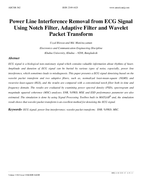 (PDF) Power Line Interference Removal from ECG Signal Using Notch Filter, Adaptive Filter and ...