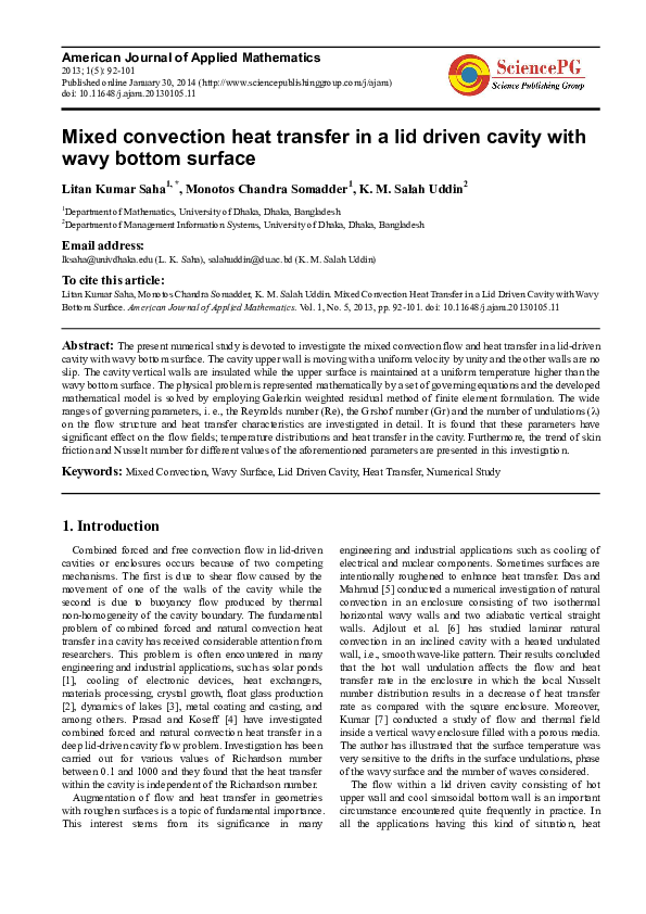 (PDF) Mixed Convection Heat Transfer in a Lid Driven Cavity with Wavy Bottom Surface