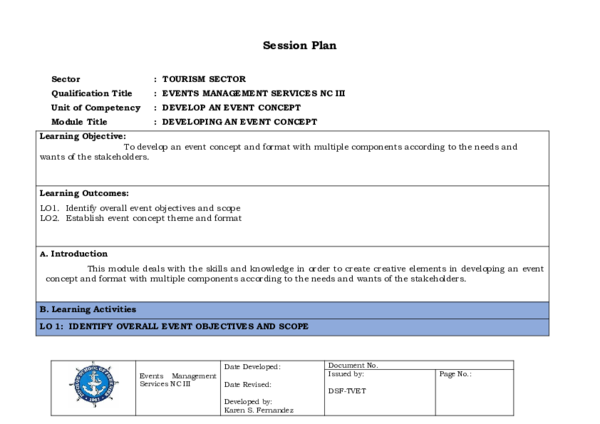 (DOC) Session Plan Sector : TOURISM SECTOR Qualification Title : EVENTS ...