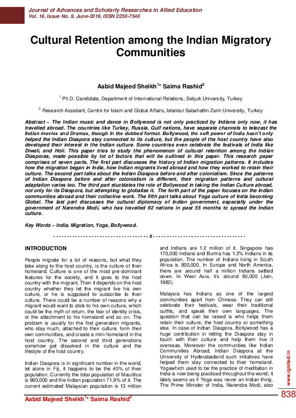 (PDF) Cultural Retention among the Indian Migratory Communities