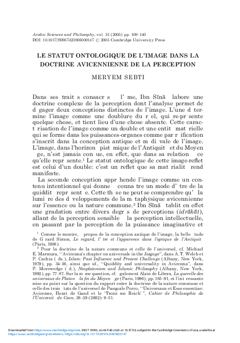 (PDF) LE STATUT ONTOLOGIQUE DE L'IMAGE DANS LA DOCTRINE AVICENNIENNE DE ...