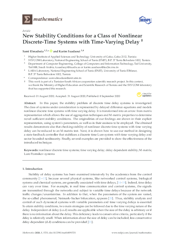 (PDF) New Stability Conditions for a Class of Nonlinear Discrete-Time ...