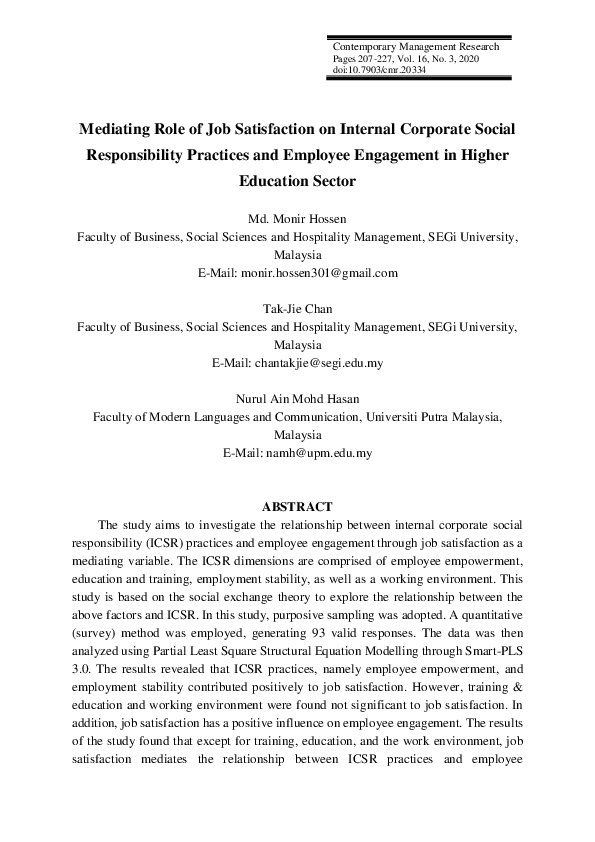 (PDF) Mediating Role of Job Satisfaction on Internal Corporate Social Responsibility Practices ...