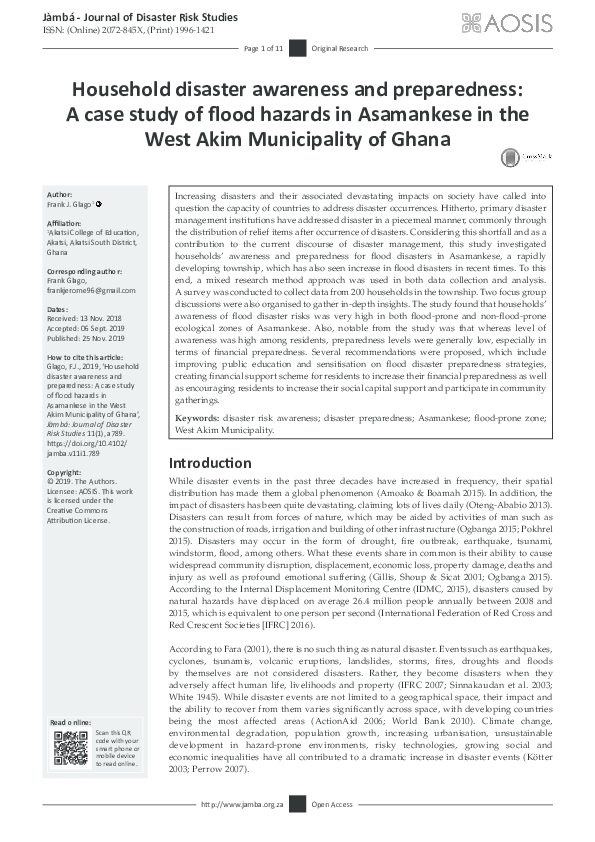 (PDF) Household disaster awareness and preparedness: A case study of ...