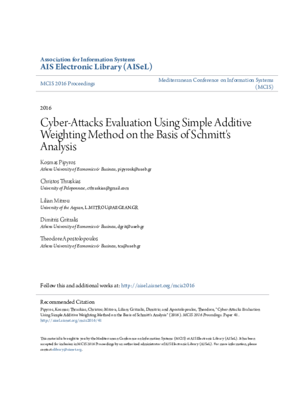 (PDF) Cyber-Attacks Evaluation Using Simple Additive Weighting Method on the Basis of Schmitt's ...