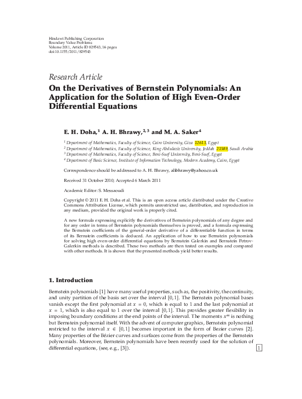 (PDF) On the Derivatives of Bernstein Polynomials: An application for the solution of high even ...