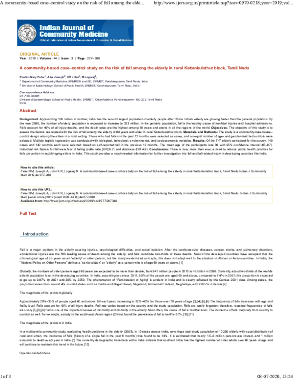 (PDF) A community-based case-control study on the risk of fall among ...