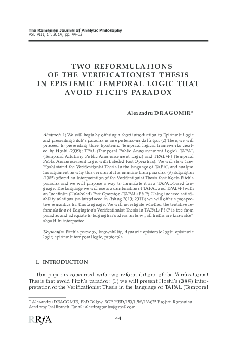 Pdf Two Reformulations Of The Verificationist Thesis In Epistemic Temporal Logic That Avoid