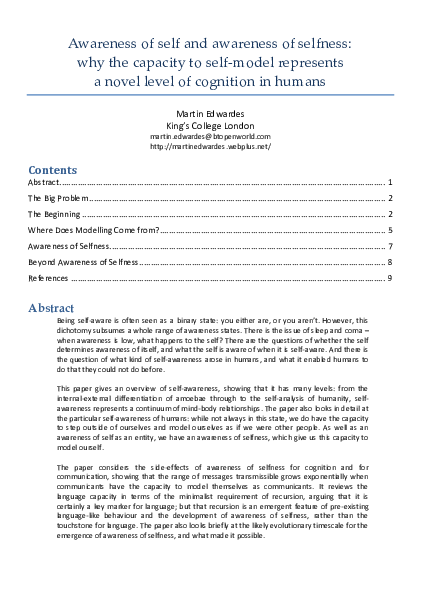 (PDF) Awareness of self and awareness of selfness: why the capacity to ...