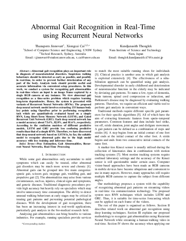 Pdf Abnormal Gait Recognition In Real Time Using Recurrent Neural Networks
