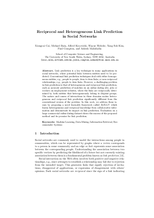 Pdf Reciprocal And Heterogeneous Link Prediction In Social Networks