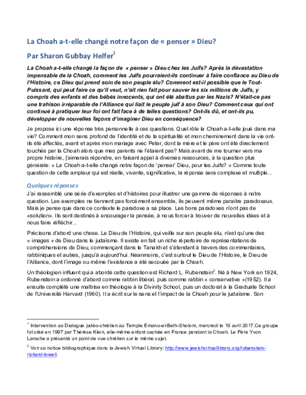 (PDF) La Choah a-t-elle changé notre façon de « penser » Dieu