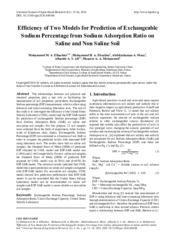 (PDF) Efficiency of Two Models for Prediction of Exchangeable Sodium ...
