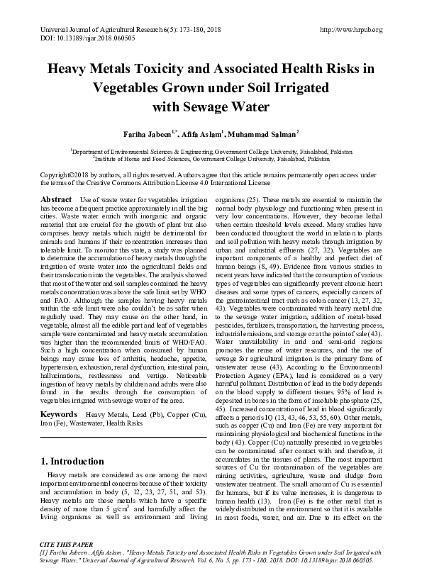 (PDF) Heavy Metals Toxicity and Associated Health Risks in Vegetables ...