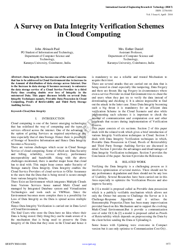 (PDF) Data Integrity Verification in Cloud Computing