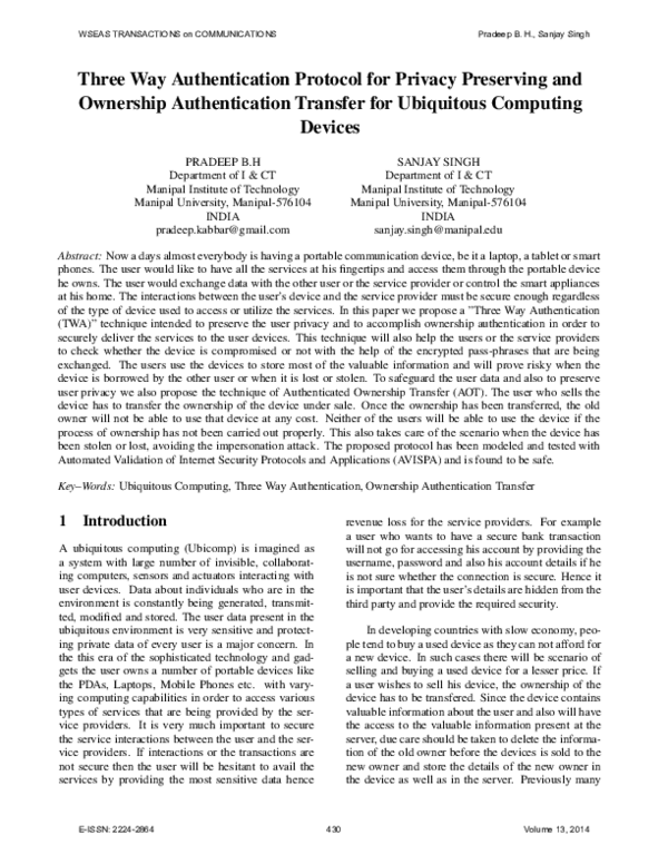 (PDF) Three Way Authentication Protocol for Privacy Preserving and Ownership Authentication ...
