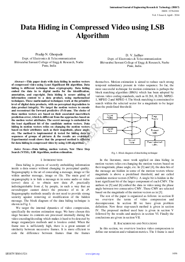 Pdf Ijert Data Hiding In Compressed Video Using Lsb Algorithm