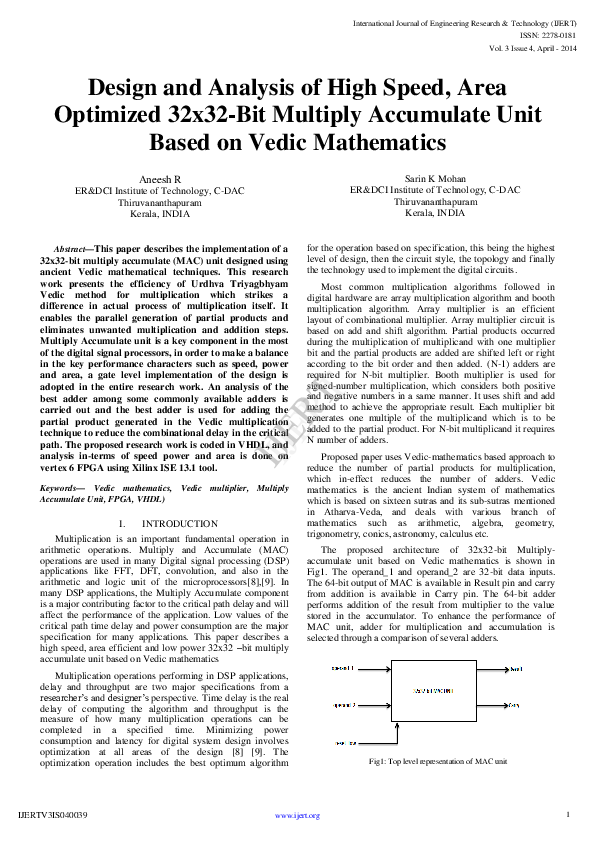 (PDF) IJERT-Design and Analysis of High Speed, Area Optimized 32x32-Bit Multiply Accumulate Unit ...