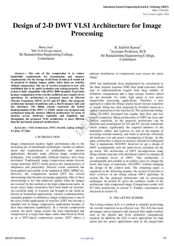 (PDF) IJERT-Design of 2-D DWT VLSI Architecture for Image Processing (PDF) IJERT-Design of 2-D DWT VLSI Architecture for Image Processing