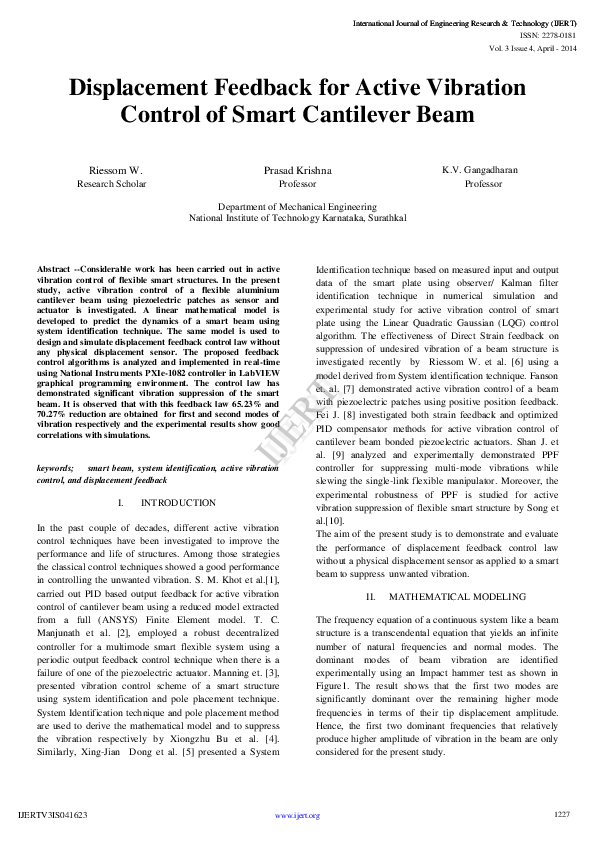 (PDF) IJERT-Displacement Feedback for Active Vibration Control of Smart Cantilever Beam