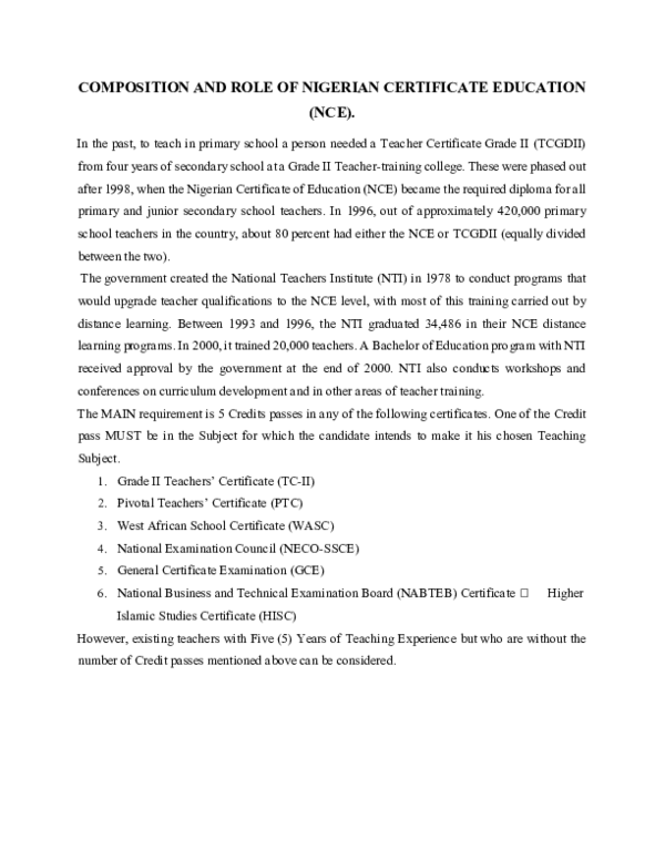 (PDF) COMPOSITION AND ROLE OF NIGERIAN CERTIFICATE EDUCATION (NCE)
