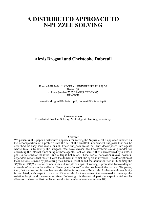 (PDF) A DISTRIBUTED APPROACH TO N-PUZZLE SOLVING Content areas Distributed Problem Solving ...