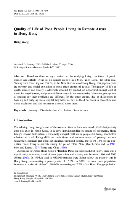 (PDF) Quality of Life of Poor People Living in Remote Areas in Hong Kong