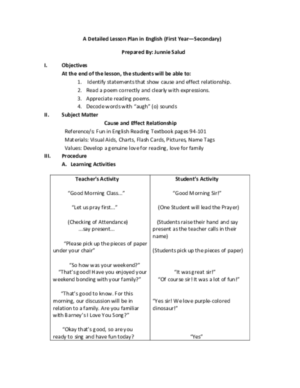(PDF) A Detailed Lesson Plan in English (First Year-Secondary