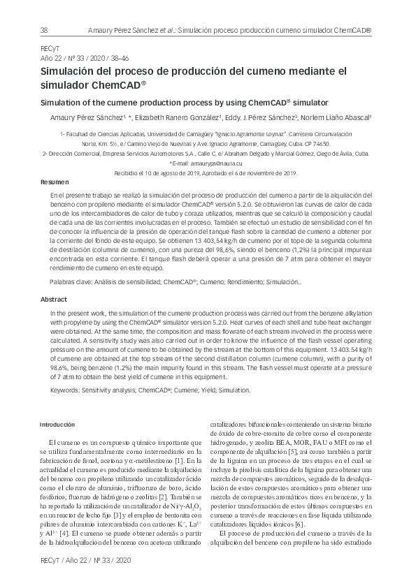 (PDF) Simulación del proceso de producción del cumeno mediante el ...