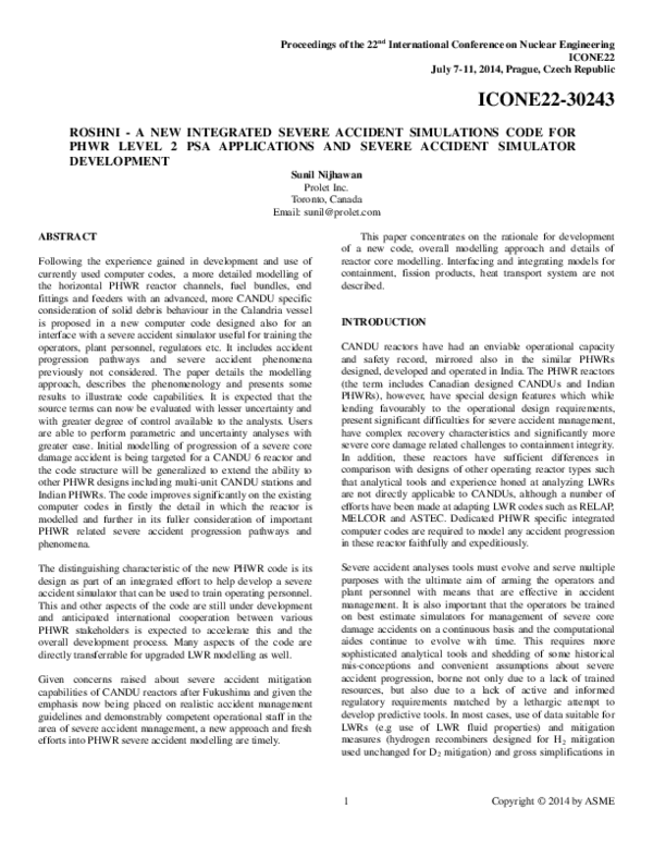 (PDF) ICONE22-30243 ROSHNI -A NEW INTEGRATED SEVERE ACCIDENT SIMULATIONS CODE FOR PHWR LEVEL 2 ...