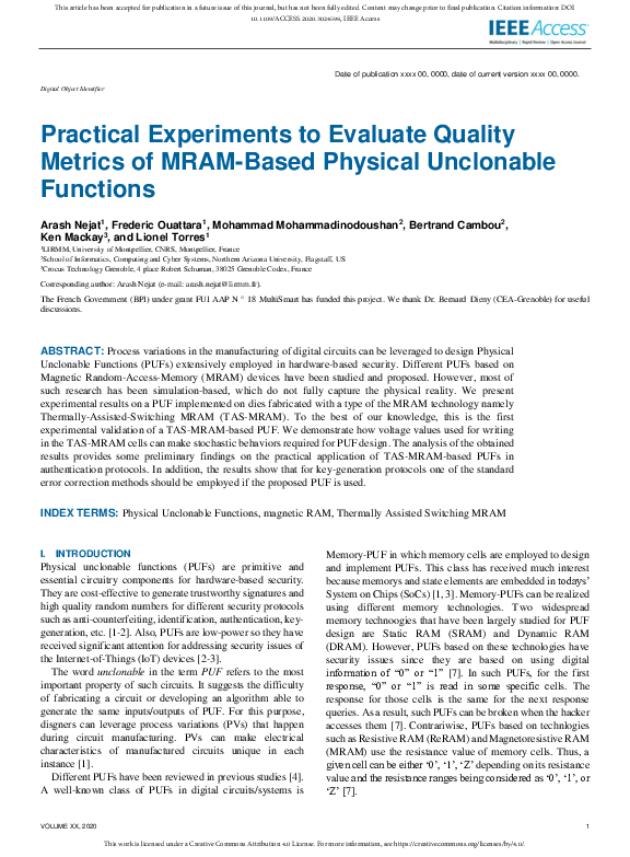 Pdf Practical Experiments To Evaluate Quality Metrics Of Mram Based Physical Unclonable Functions