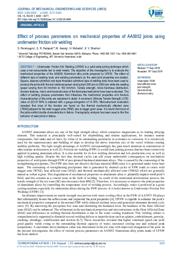 (PDF) Effect of process parameters on mechanical properties of AA5052 joints using underwater ...