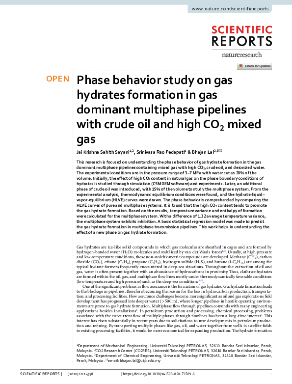 (PDF) Phase behavior study on gas hydrates formation in gas dominant ...