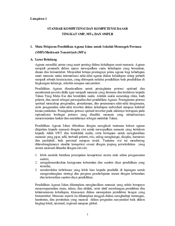 Pdf Lampiran 2 Standar Kompetensi Dan Kompetensi Dasar Tingkat Smp