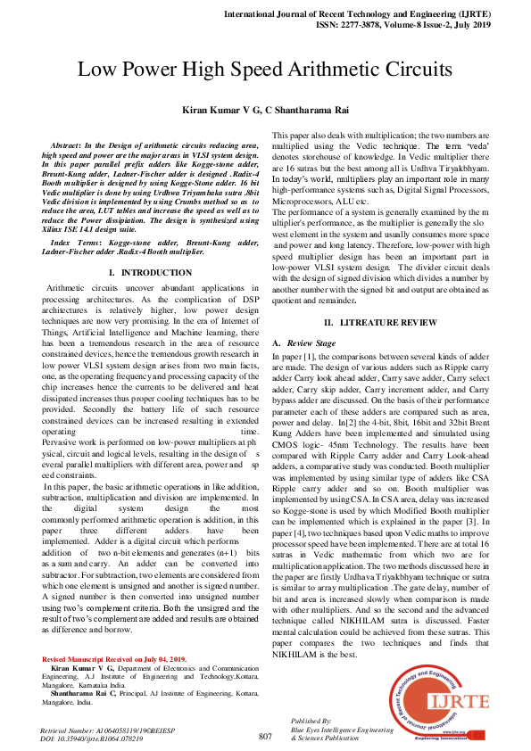 Pdf Low Power High Speed Arithmetic Circuits Kiran V G Kumar